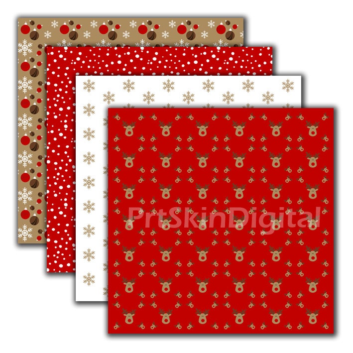 Christmas Digital Paper "warm Christmas" in Red White & Brown, Reindeer ...