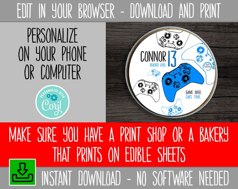 Editable Gamer Cake Topper, Printable Round Cake Topper Image for Video ...