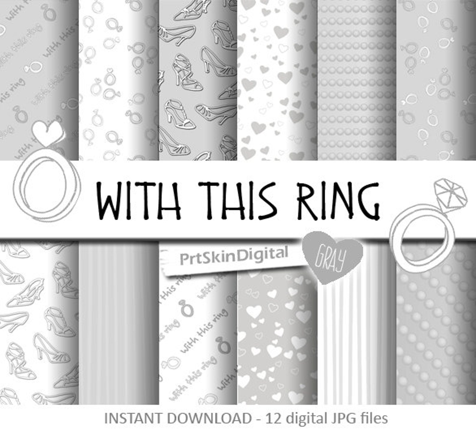 White Wedding Digital Paper, Gray Digital Paper, Bridal Shower Party ...