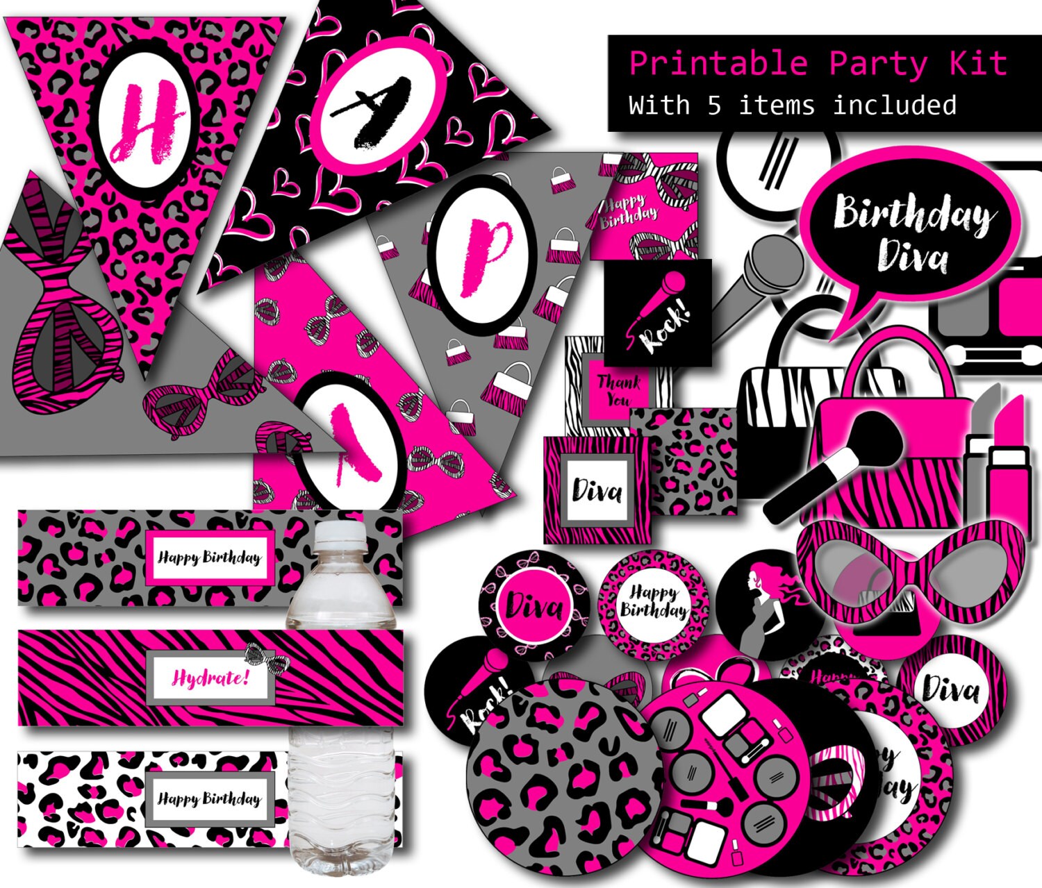 Diva Party 5 ITEMS Printable Party Kit Girl Birthday - Etsy