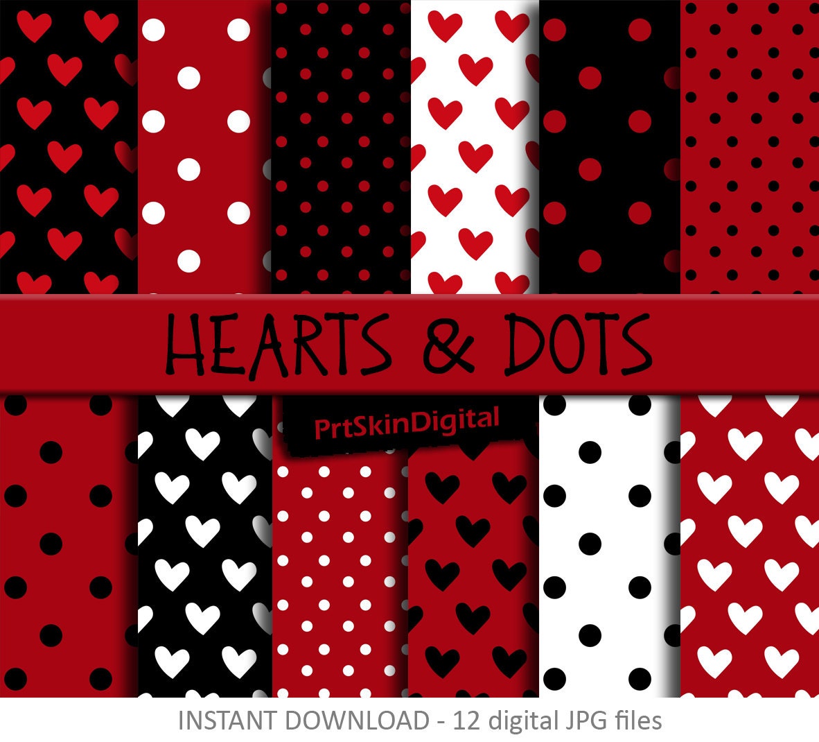 Heart Digital Paper, Polka Dot Digital Paper hearts & Dots, Red Digital ...