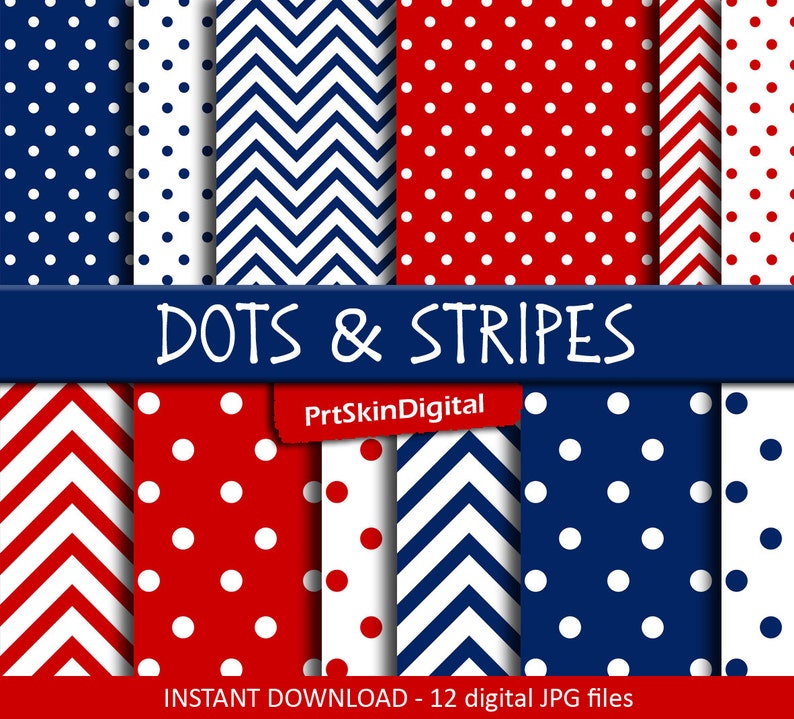 Chevron Digital Paper "dots & Stripes", Polka Dot Digital Paper in Red ...