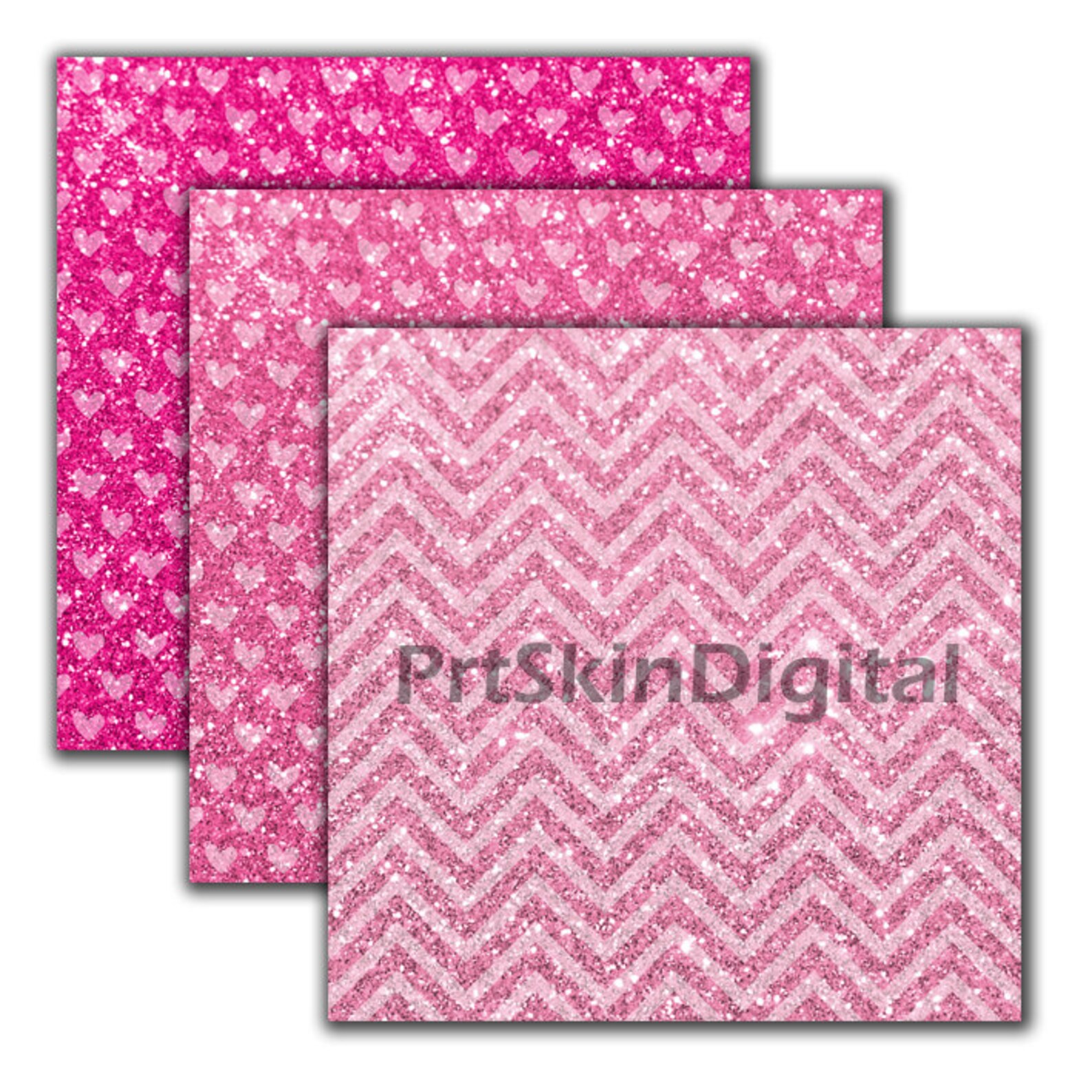 Pink Glitter Digital Paper Pack With Chevron Stripes and Hearts ...