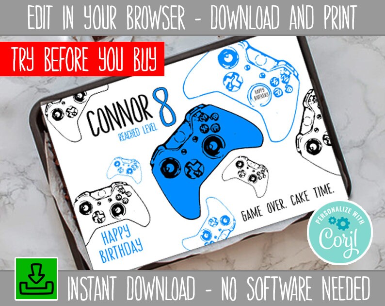 Video Game Cake Topper Image, Printable Editable Gamer Birthday Cake ...