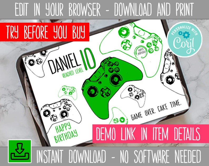 Printable Editable Gamer Cake Topper Image for Video Game Birthday Cake ...