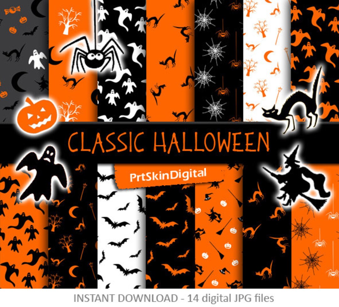 Classic Halloween Digital Paper Pack With Witches, Bats, Ghosts ...