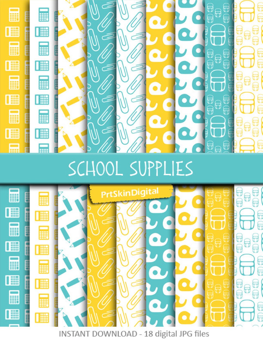 School Digital Paper "school Supplies", Yellow Digital Paper, Blue ...