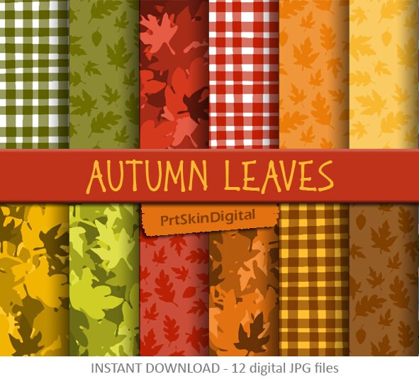 Autumn Leaves Digital Paper Pack With Leaf & Gingham Patterns in 5 Fall ...