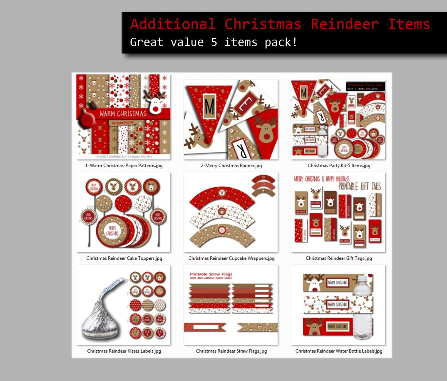 Christmas Digital Paper "warm Christmas" in Red White & Brown, Reindeer ...