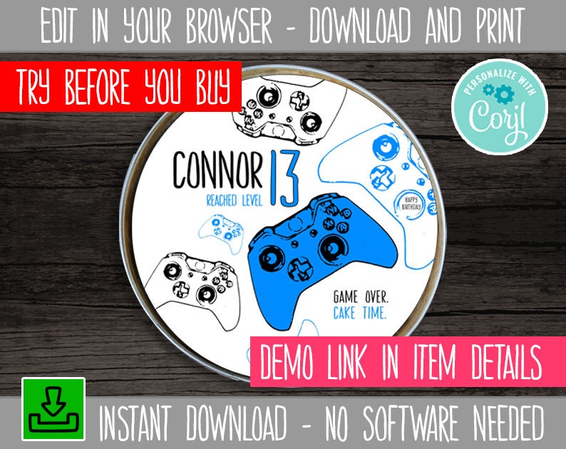 Editable Gamer Cake Topper, Printable Round Cake Topper Image for Video ...