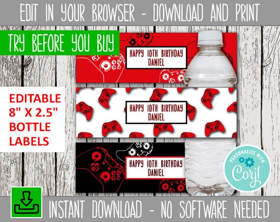 Gaming Bottle Labels Editable INSTANT DOWNLOAD, Video Game Printable ...