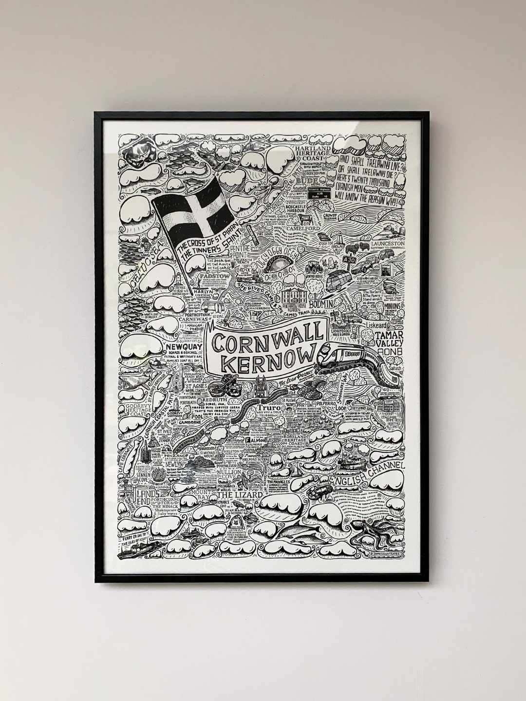 Cornwall Print A3 Kernow Illustrated Map Unframed or Framed Cornwall ...