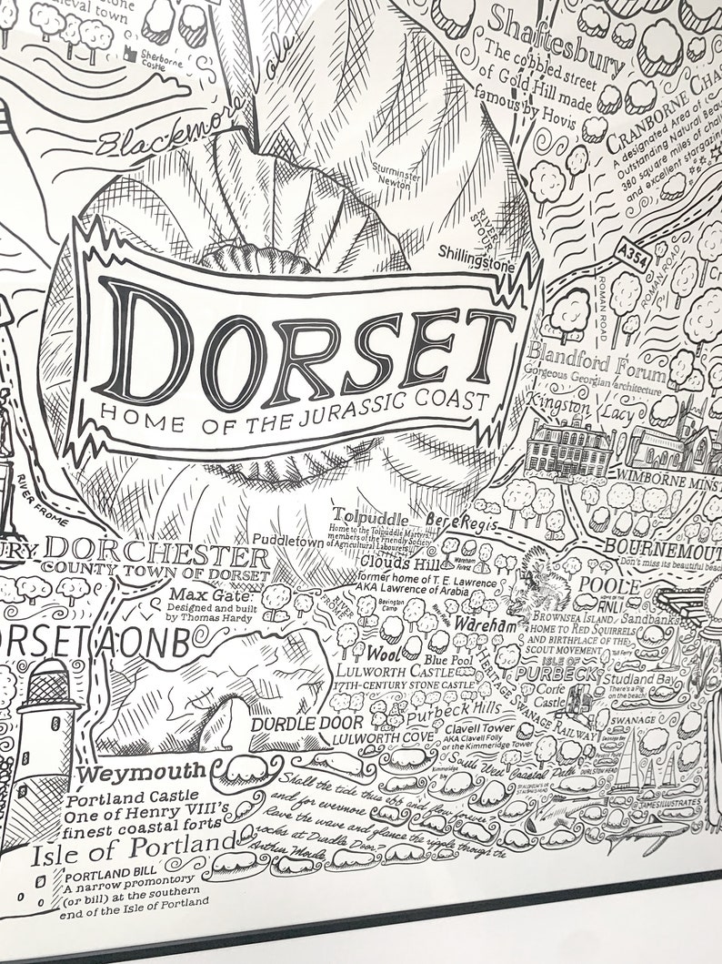 Dorset A1 Framed Illustrated Map. A Unique LIMITED EDITION 1/100 A1 Hand Drawn Silk Screen. - Etsy