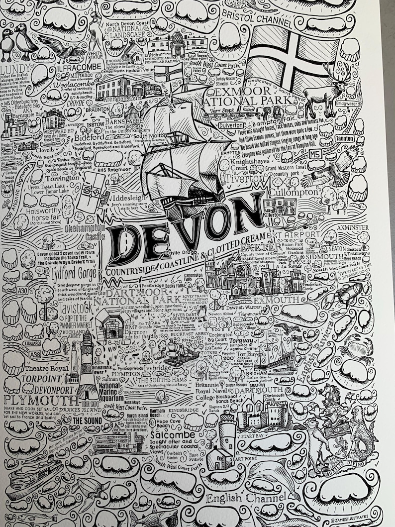 Devon A3 Illustrated Map. This is a Stunning A3 Hand Drawn Illustration ...