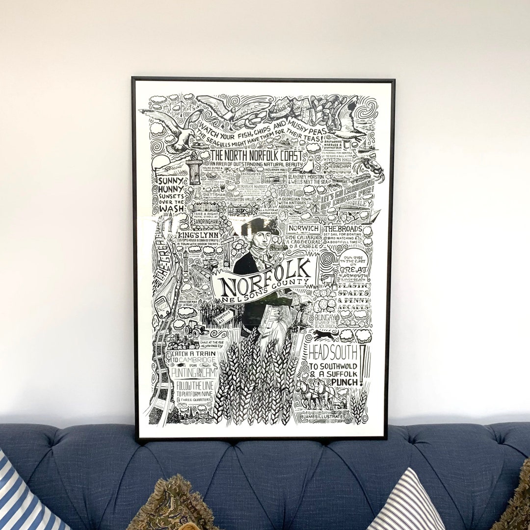 Norfolk A1 Illustrated Map, LIMITED EDITION 1/100 A1 Hand Drawn Silk Screen. Sandringham ...