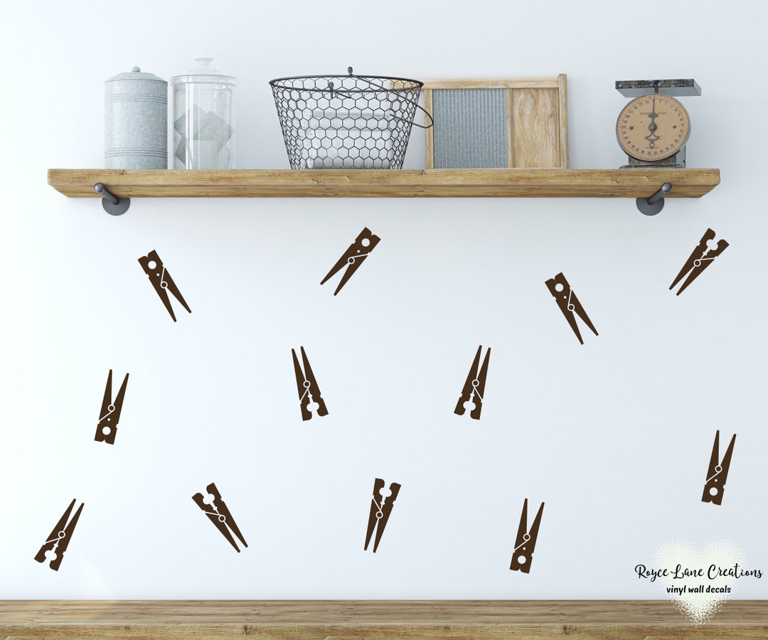 Clothes Pin Decals Set of 12, Clothespin Wall Decal, Laundry Room Wall ...