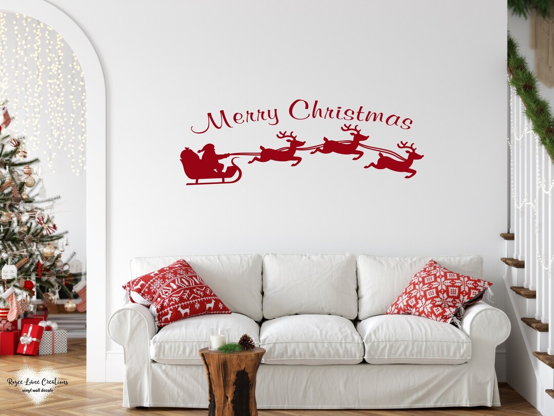 Merry Christmas Decal With Santa's Sleigh and Reindeer, Santa's Sleigh ...