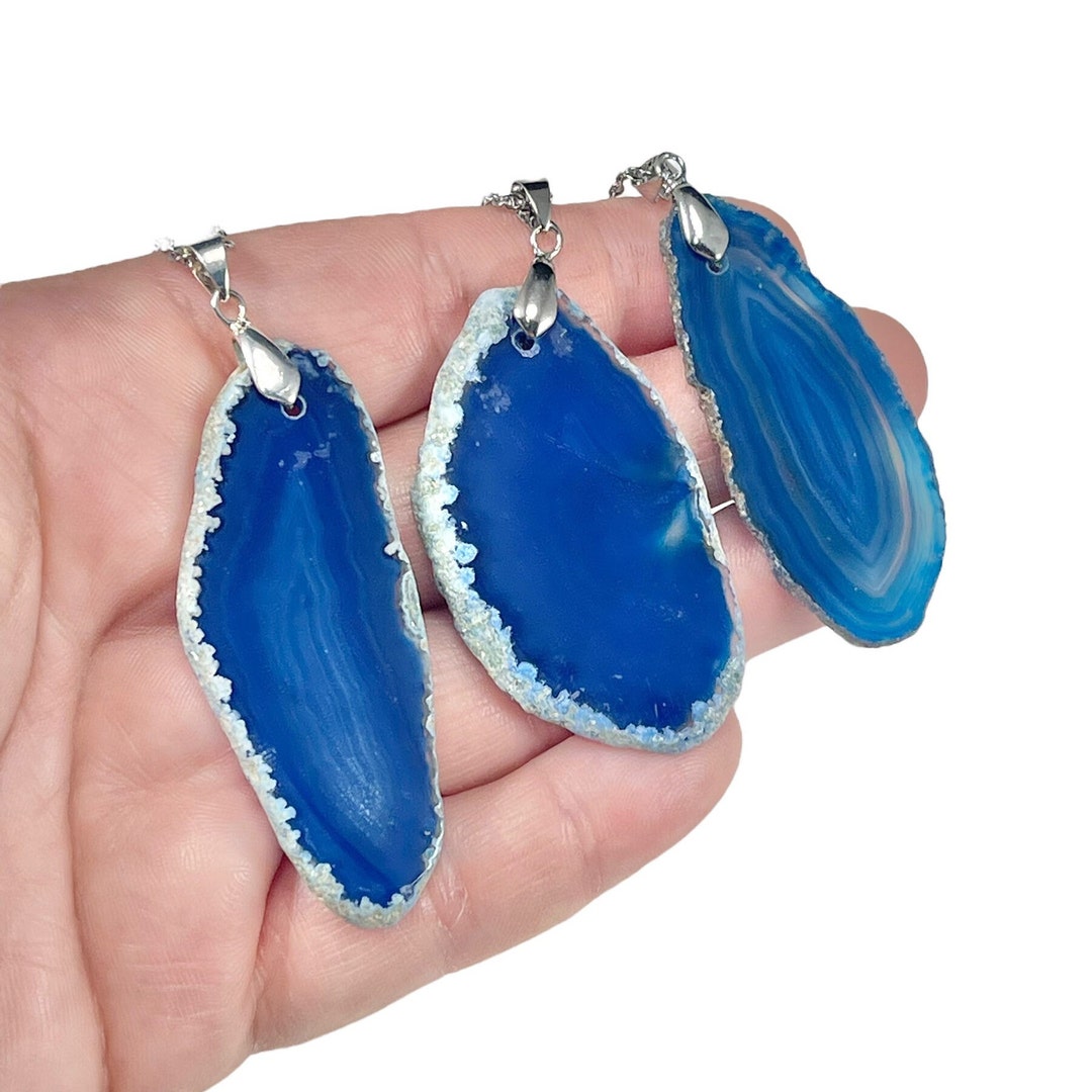 Blue Agate Slice Pendant, Natural Blue Geode Necklace, Choose Your ...