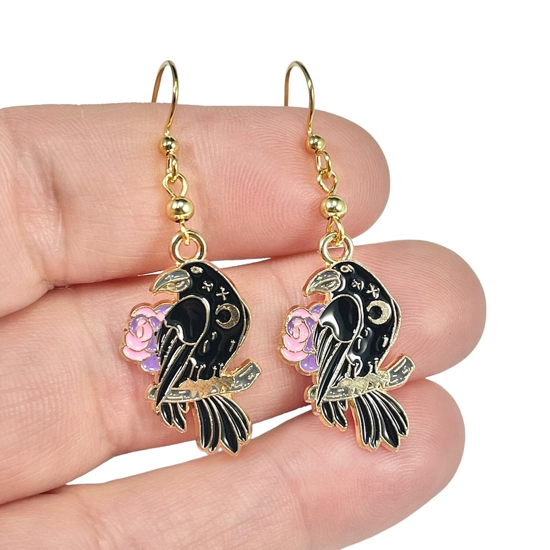 Gold Crow and Moon Earrings, Raven With Rose Charm Jewelry, - Etsy