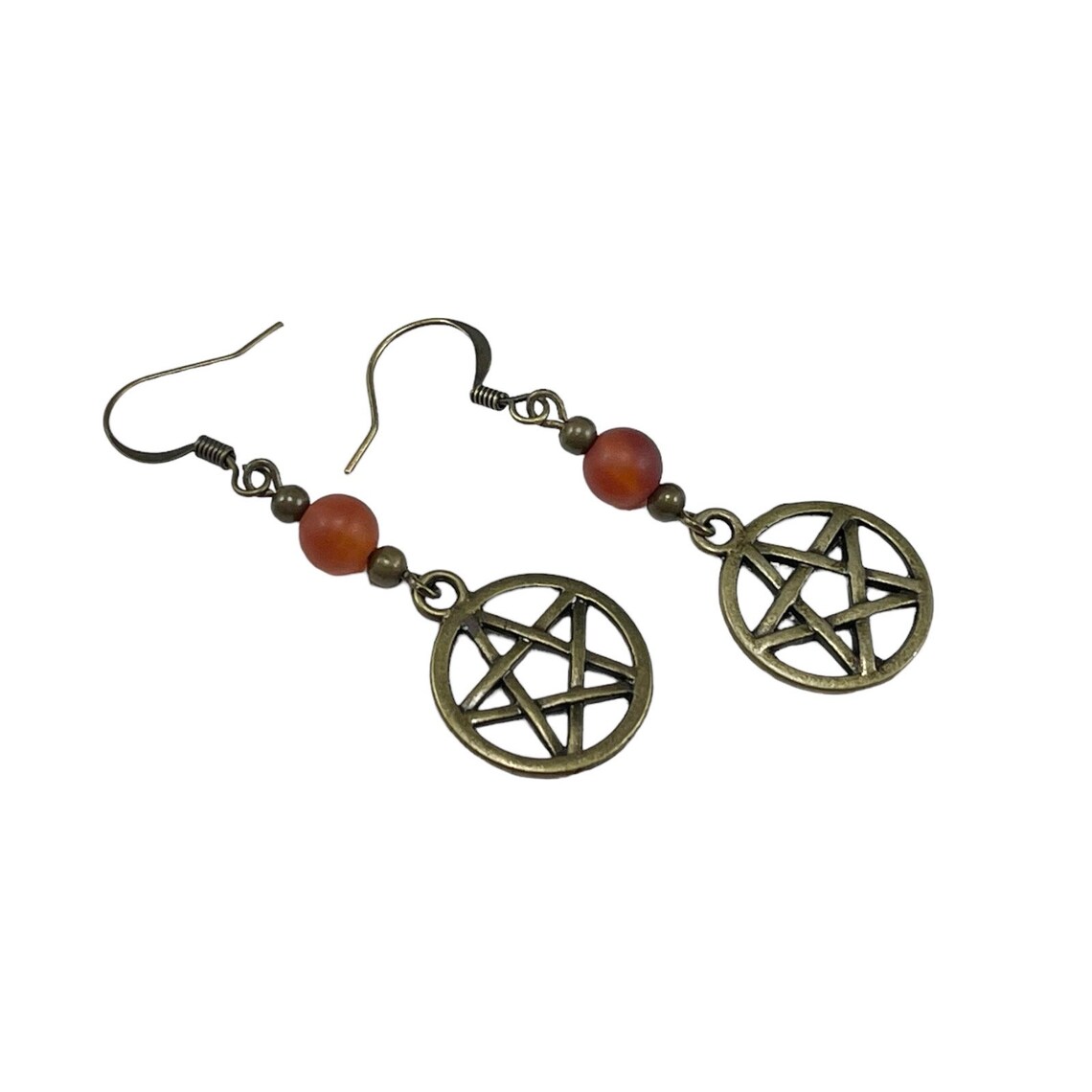 Bronze Pentacle Earrings With Matte Carnelian Beads, Orange Gemstone ...