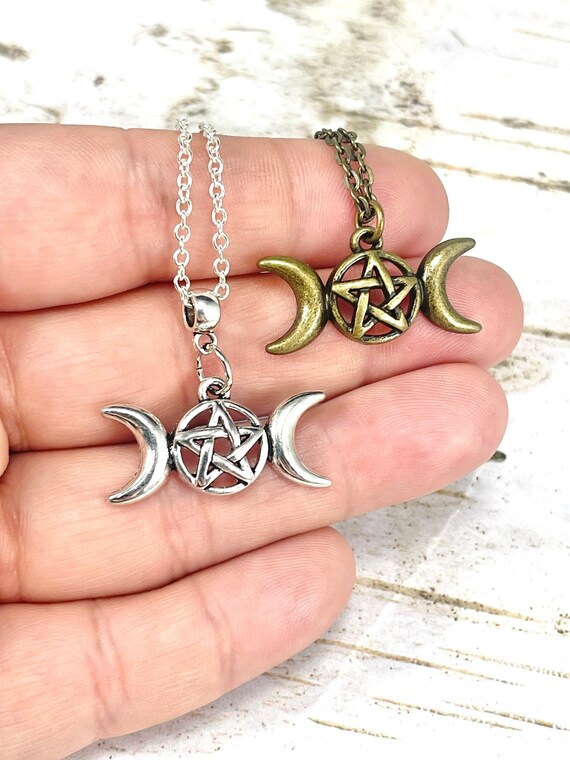 Triple Moon Pentacle Charm Antique Silver or Bronze Moon - Etsy