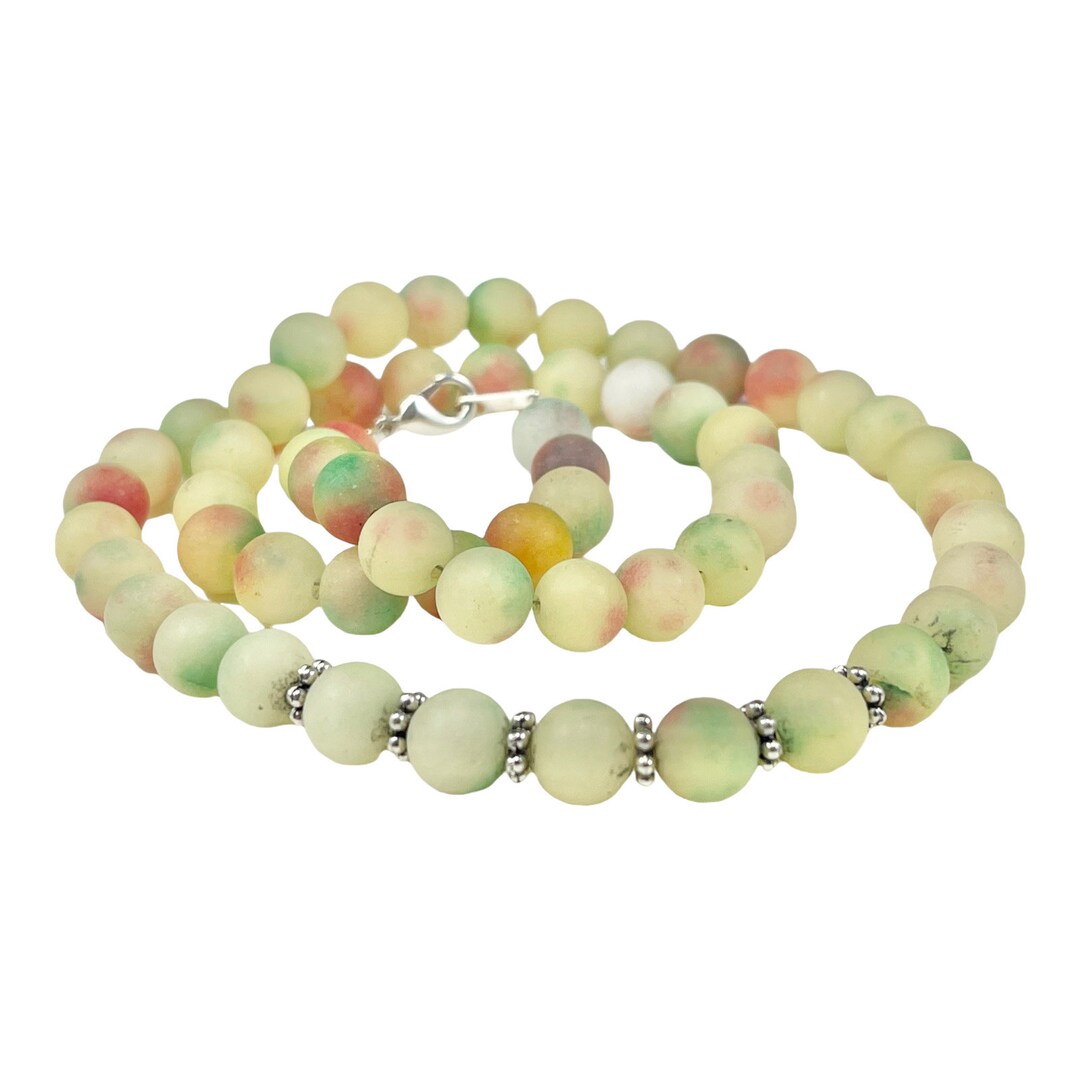 Yellow Quartzite Beaded Necklace, Multicolor Gemstone Jewelry, Silver ...