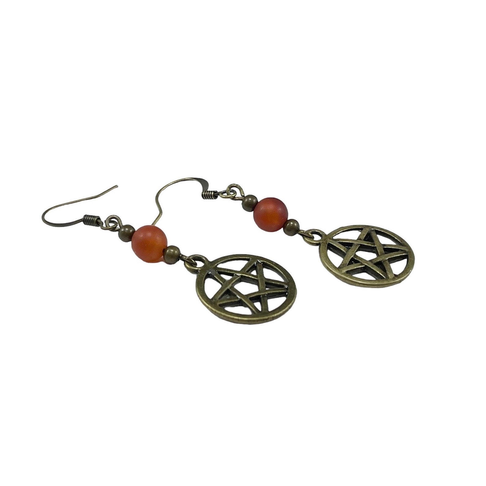Bronze Pentacle Earrings With Matte Carnelian Beads, Orange Gemstone ...