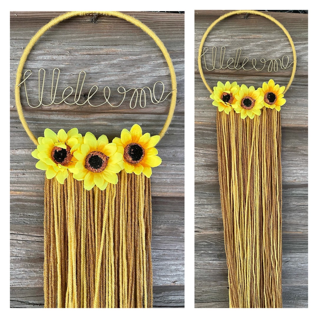 Welcome Macramé Sign With Sunflowers, Yellow Flower Wall Decor, Yarn ...