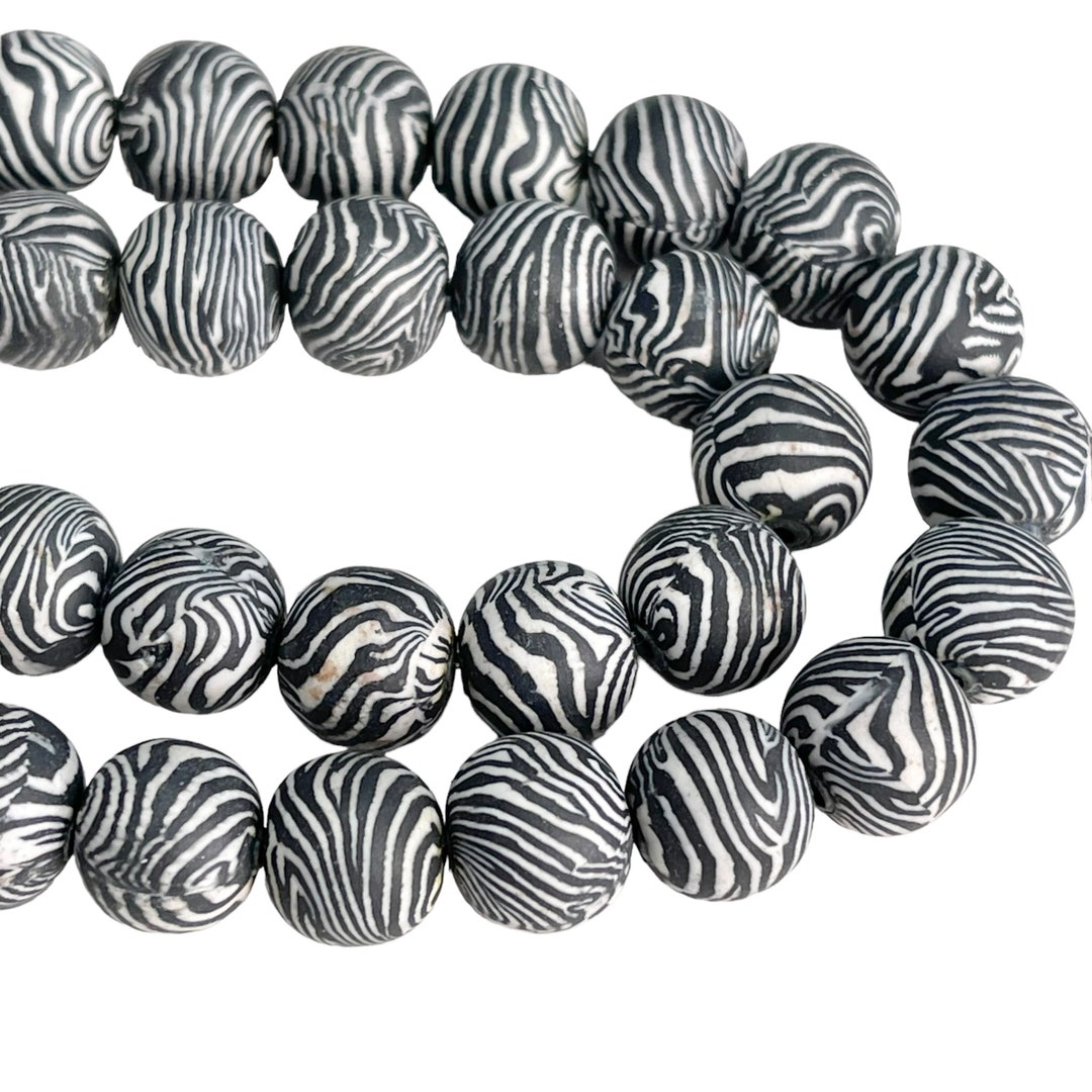 7" Strand Black and White Striped 10mm Round Beads, Zebra Print Animal ...