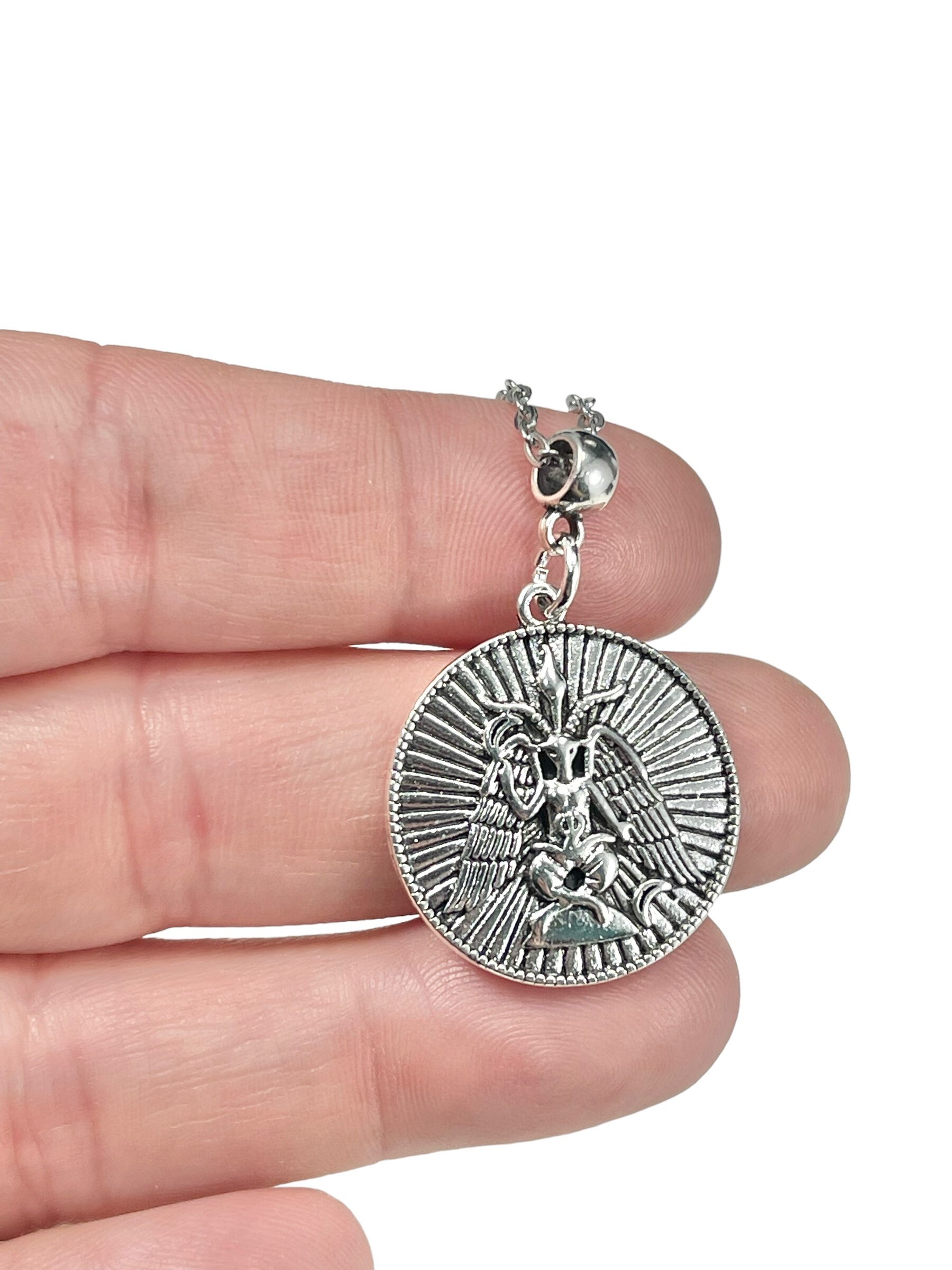 Silver Baphomet Medallion Necklace, Satanic Goat Head Coin, Horned God ...