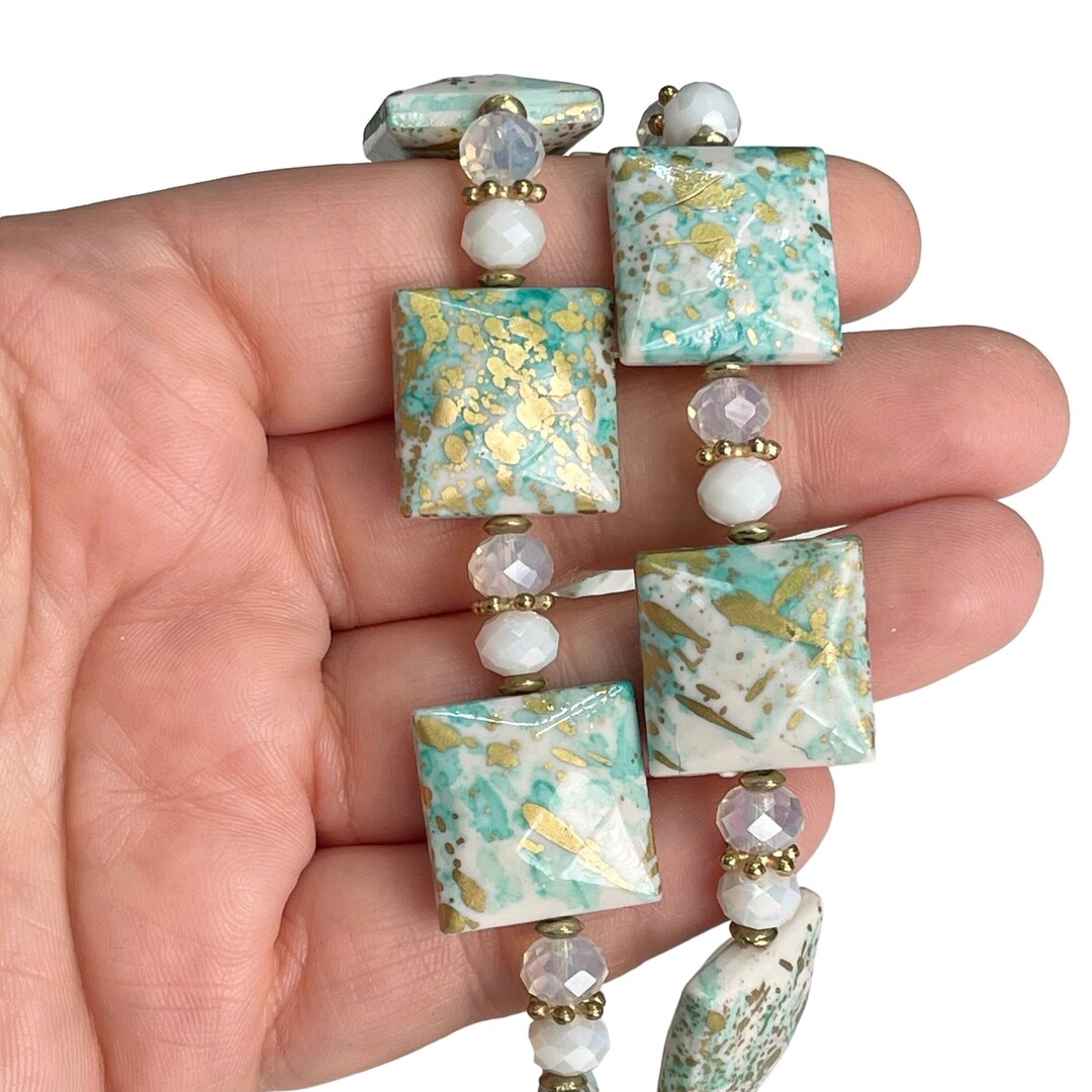 7 Strand Teal Gold and White Large Chunky Focal Beads, Green and White ...