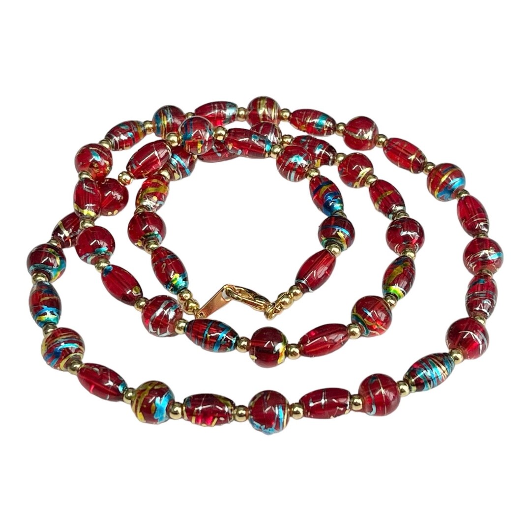 Red and Gold Beaded Necklace, Multi Tone Bead Jewelry, Lightweight ...