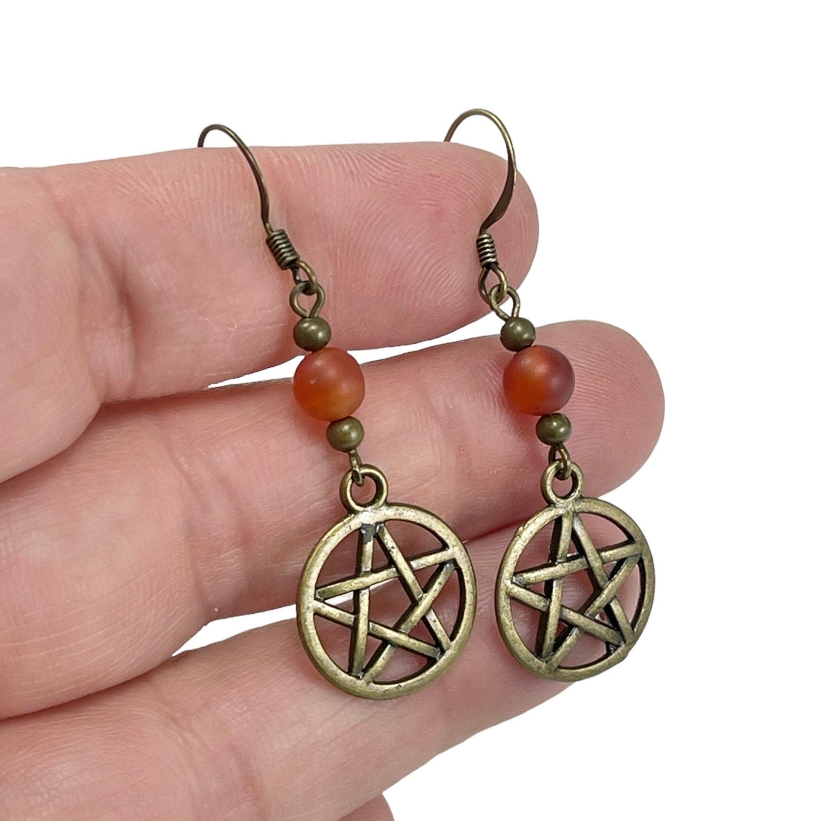 Bronze Pentacle Earrings With Matte Carnelian Beads, Orange Gemstone ...