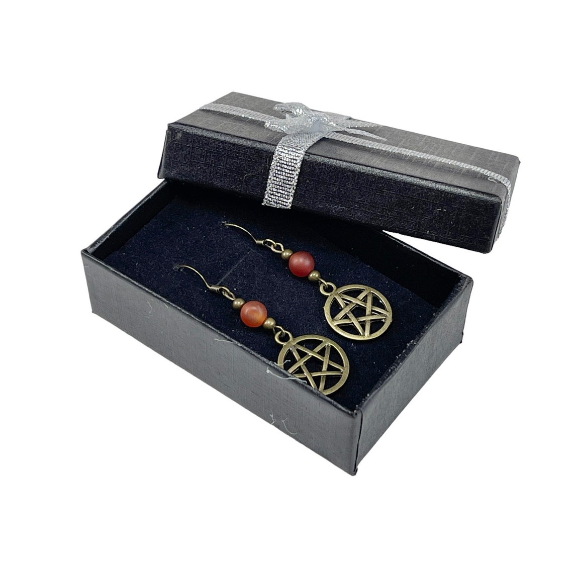 Bronze Pentacle Earrings With Matte Carnelian Beads, Orange Gemstone ...