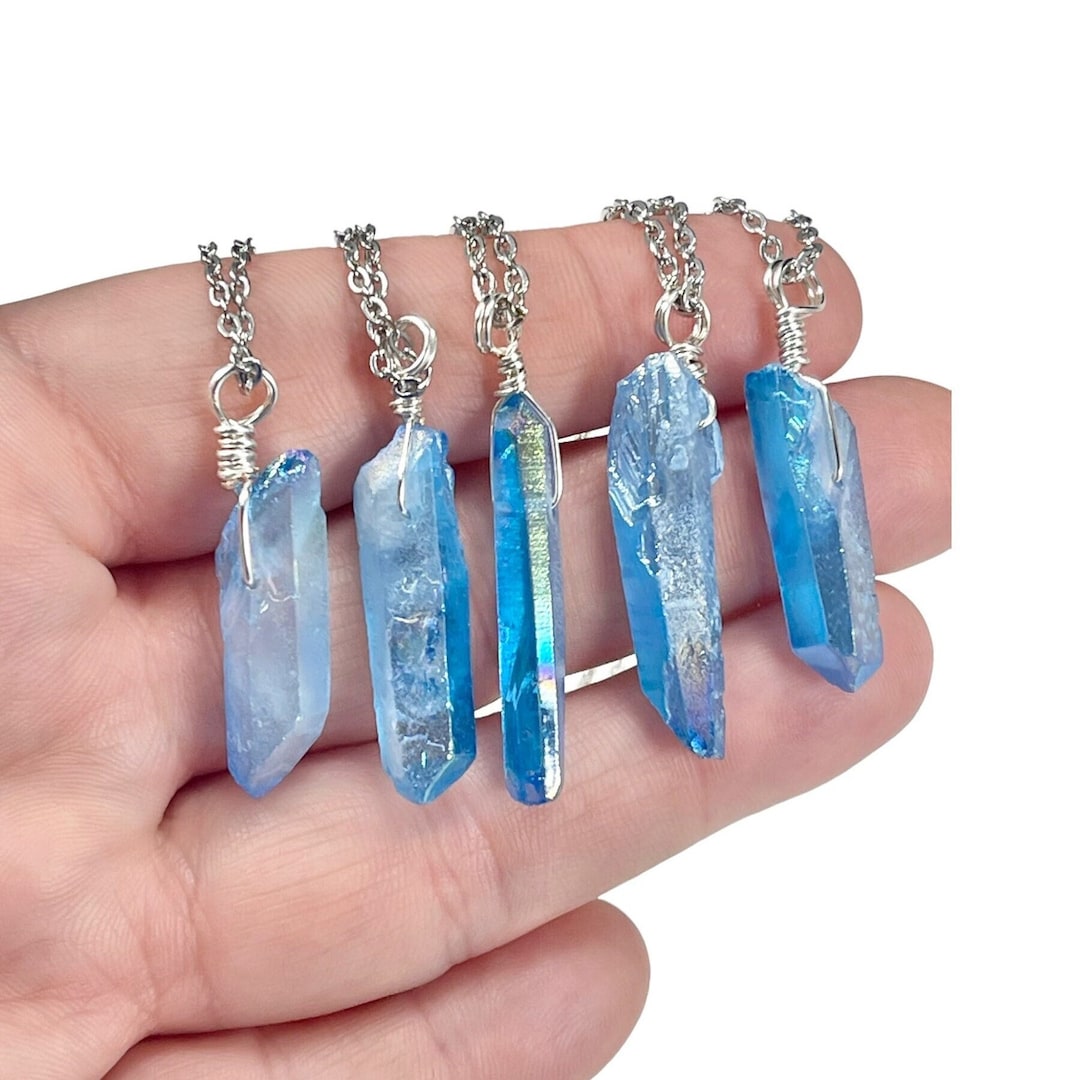 Iridescent Blue Crystal Point Charm, Dyed Blue Titanium Coated Rough ...