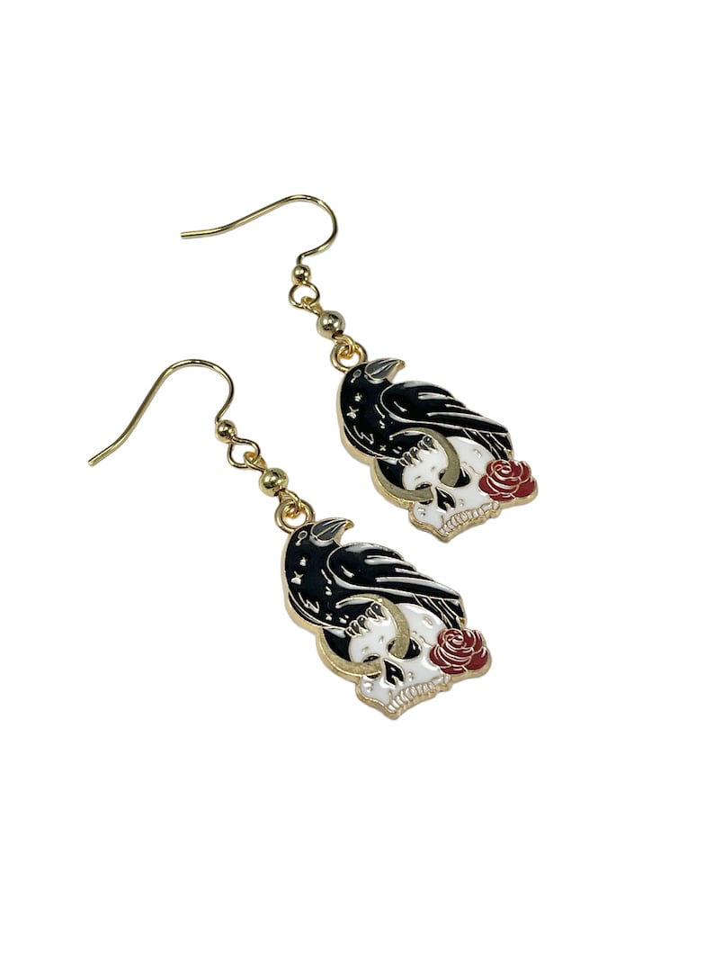 Gold Crow and Skull Earrings, Raven With Lunar Skull Charm Jewelry ...