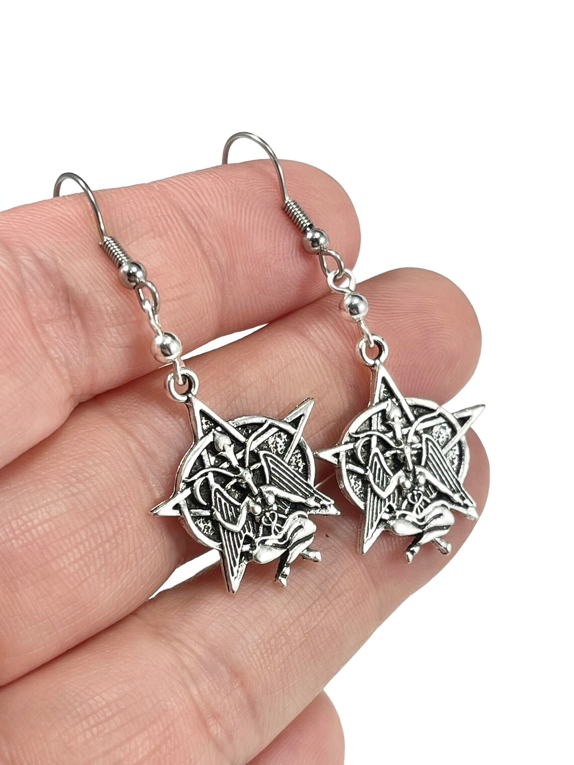 Silver Plated Baphomet Pentagram Earrings, Satanic Jewelry - Etsy