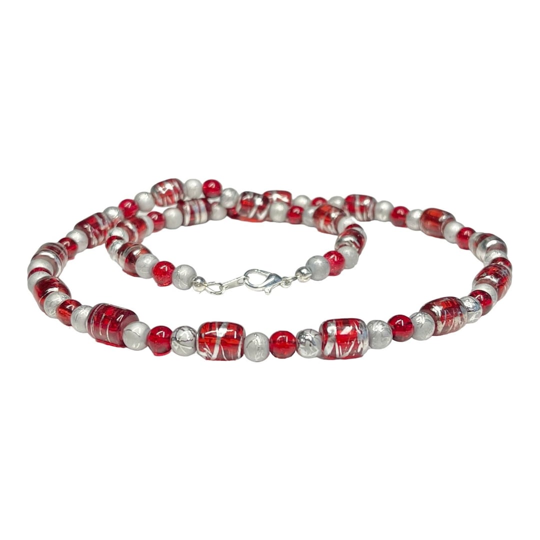 Red and Silver Beaded Necklace, Two Color Lightweight Necklace, Silver ...