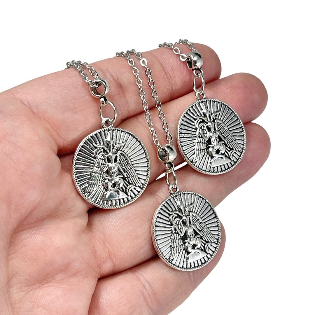 Silver Sitting Baphomet Medallion Necklace, Satanic Goat Head Coin ...
