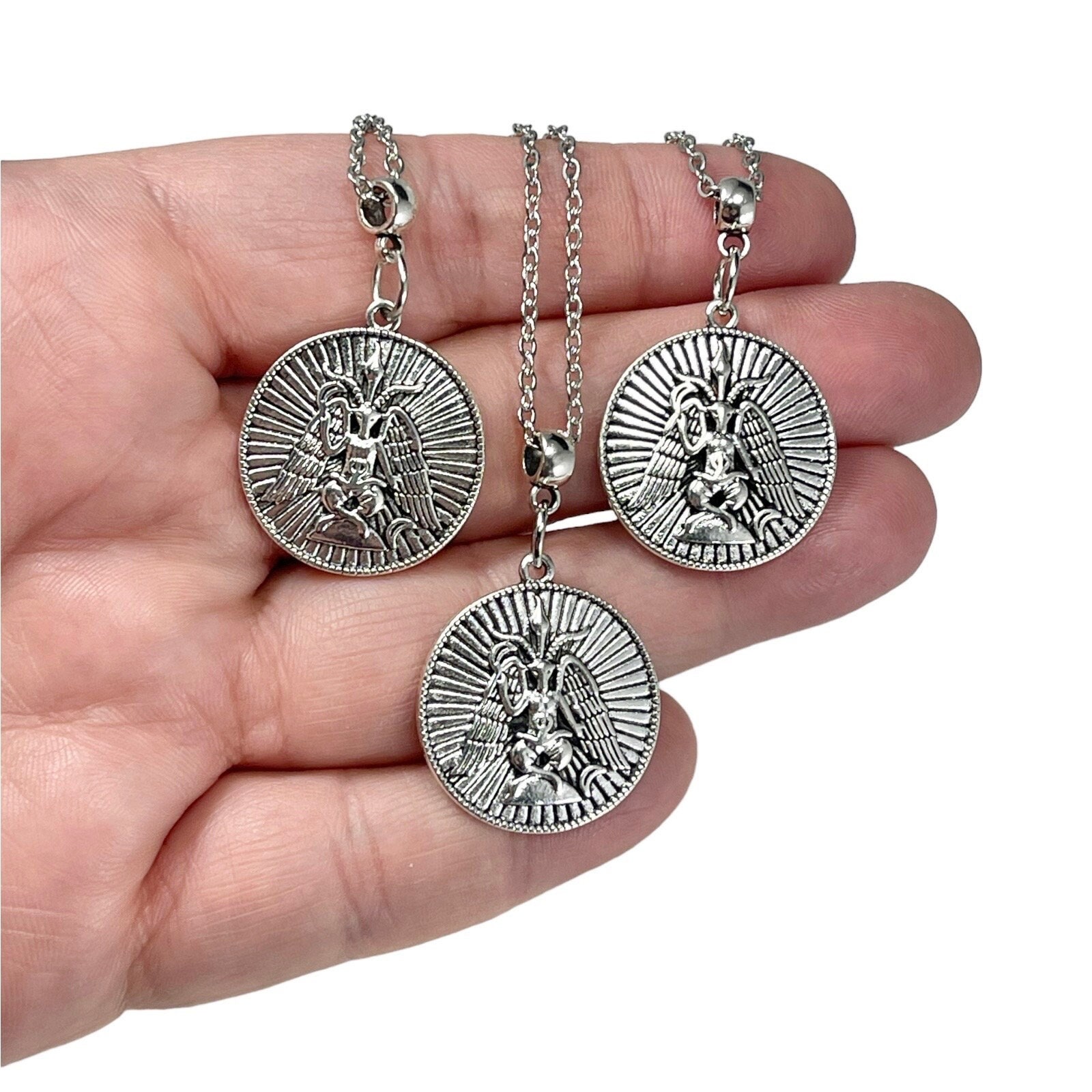 Silver Baphomet Medallion Necklace, Satanic Goat Head Coin, Horned God ...
