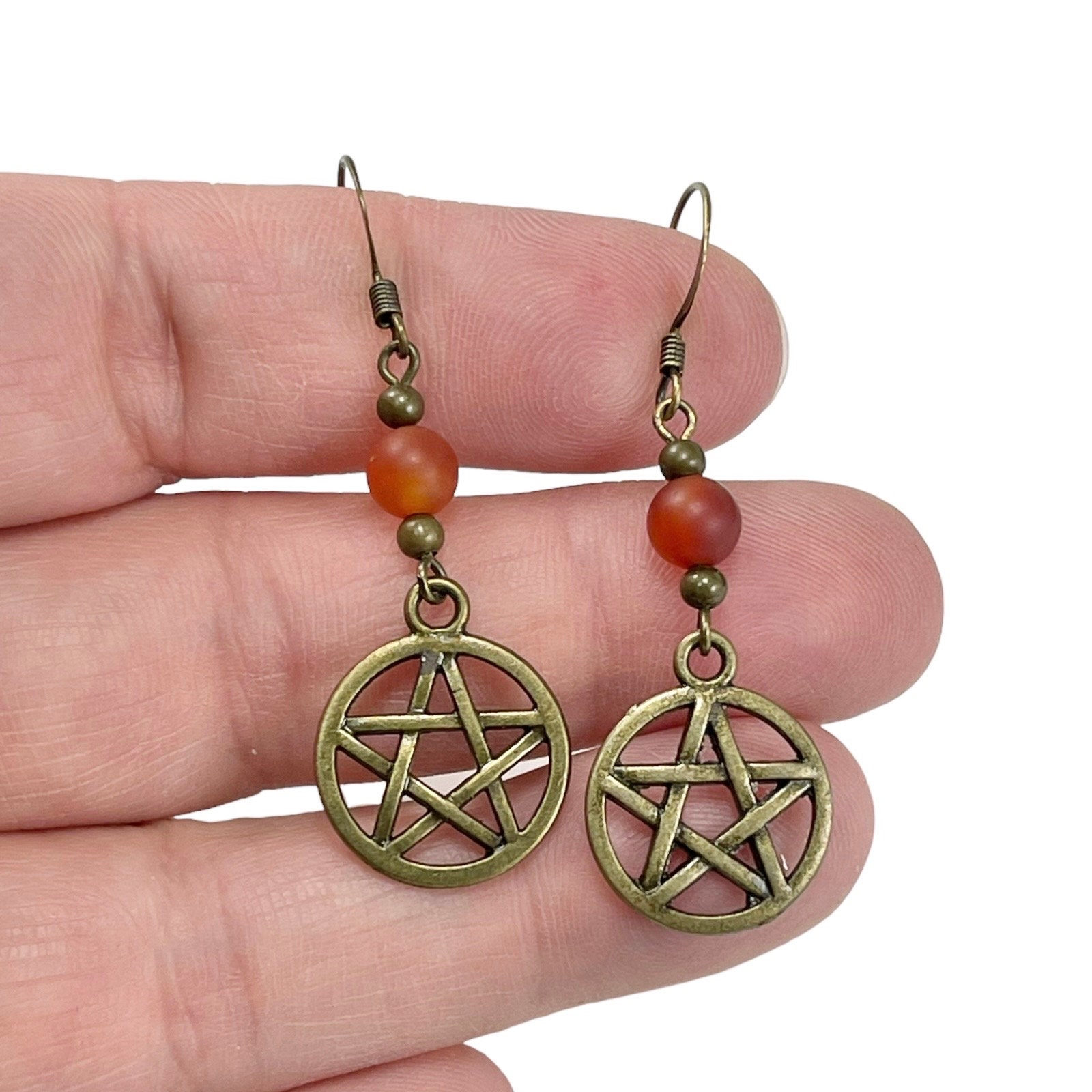 Bronze Pentacle Earrings With Matte Carnelian Beads, Orange Gemstone ...