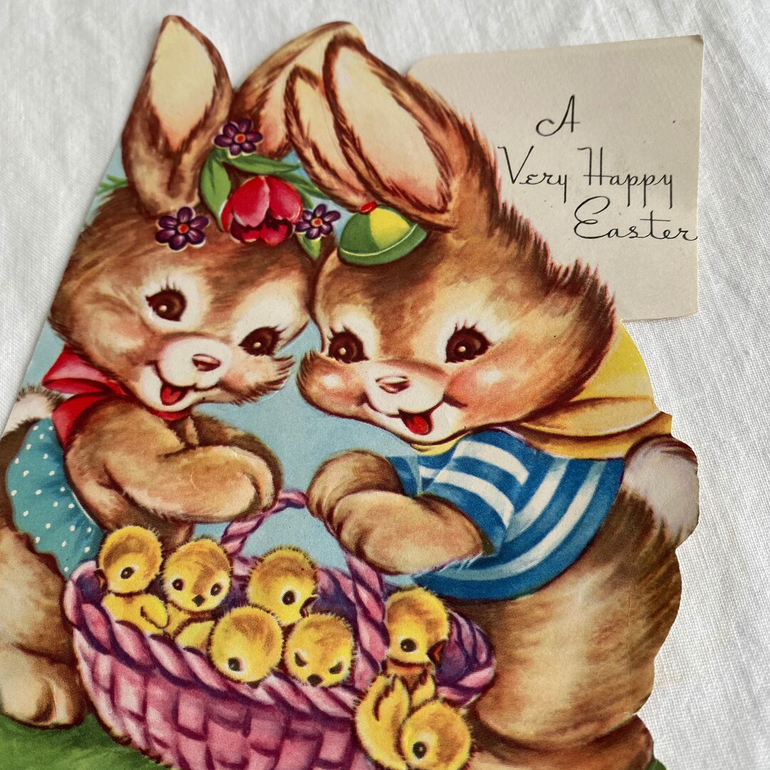 1959s 1960s Easter Basket Greeting Card Bunnies Chicks Hen Ephemera - Etsy