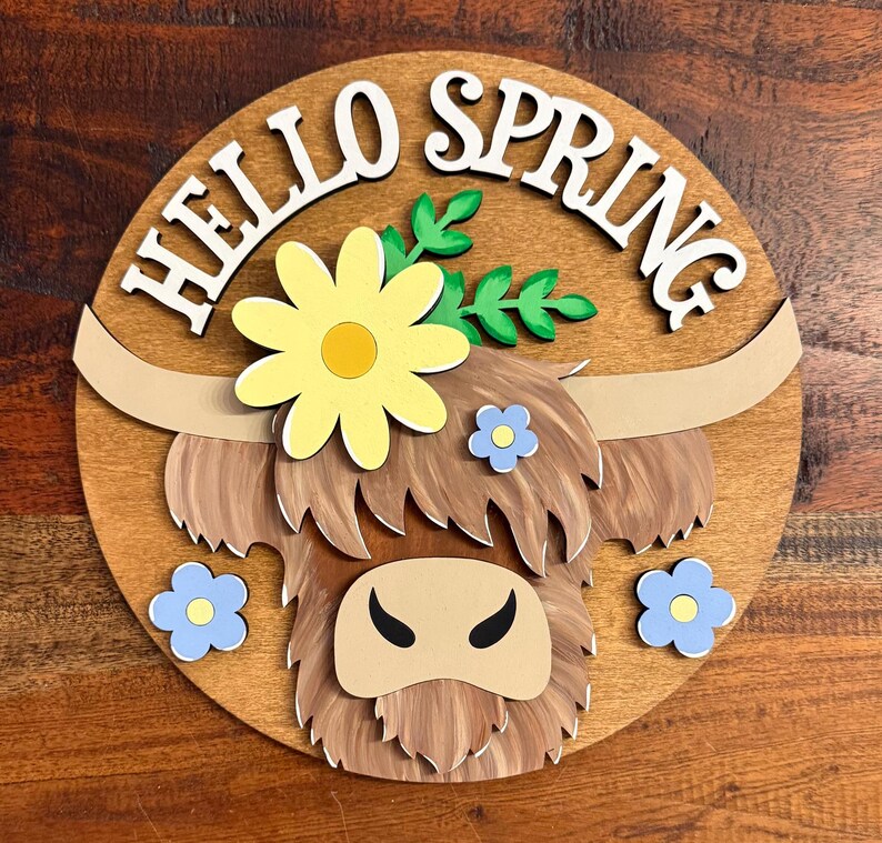Highland Cow Hello Spring Door Hanger, Spring Decor, Highland Cow Decor ...