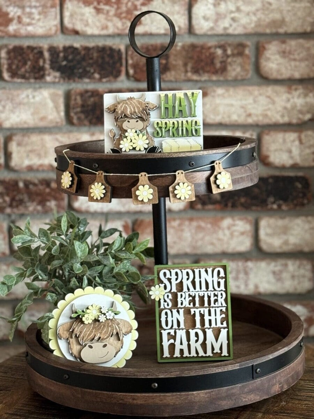 Highland Cow Spring Tiered Tray 4 Piece Set, Decor, Garland, Fully ...