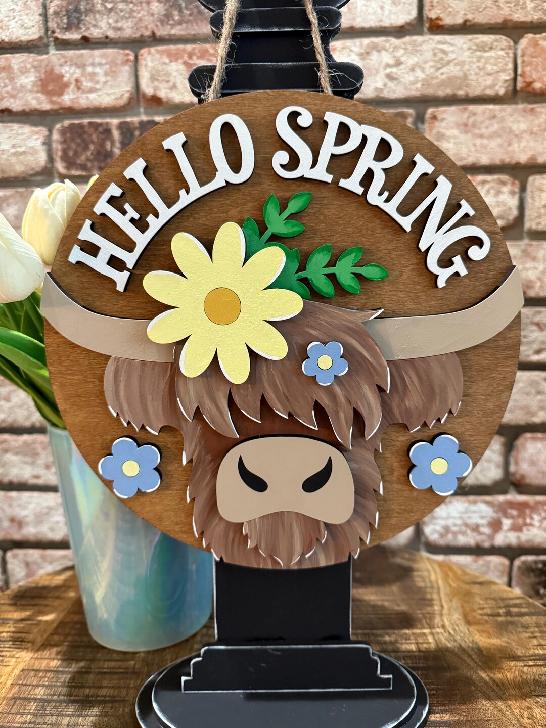 Highland Cow Hello Spring Door Hanger, Spring Decor, Highland Cow Decor ...