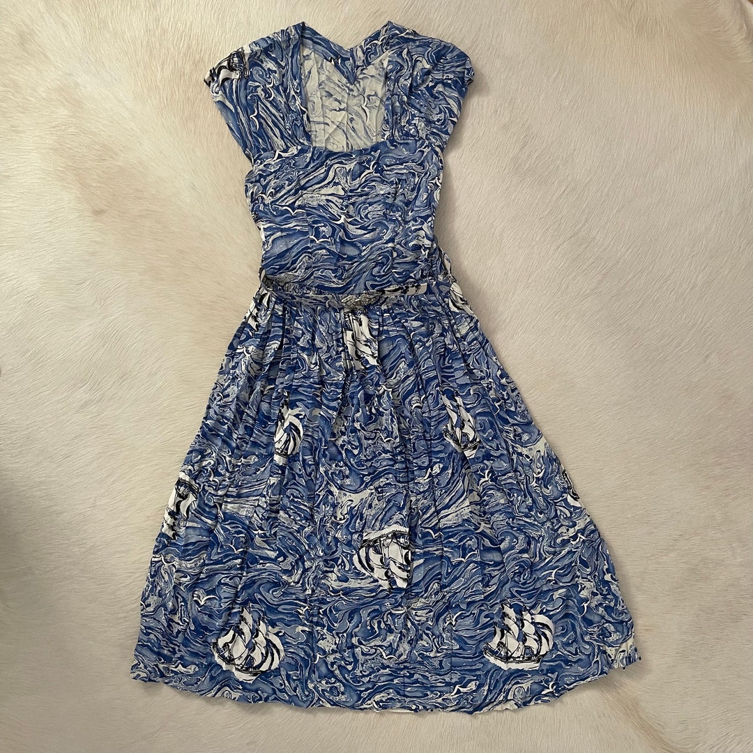 1940s Blue and White Nautical Theme Dress - Etsy