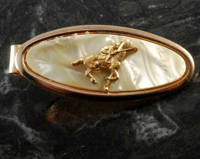 Vintage Horse Racing W Jockey Tie Clip MOP & Gold Plated Brass Horse ...