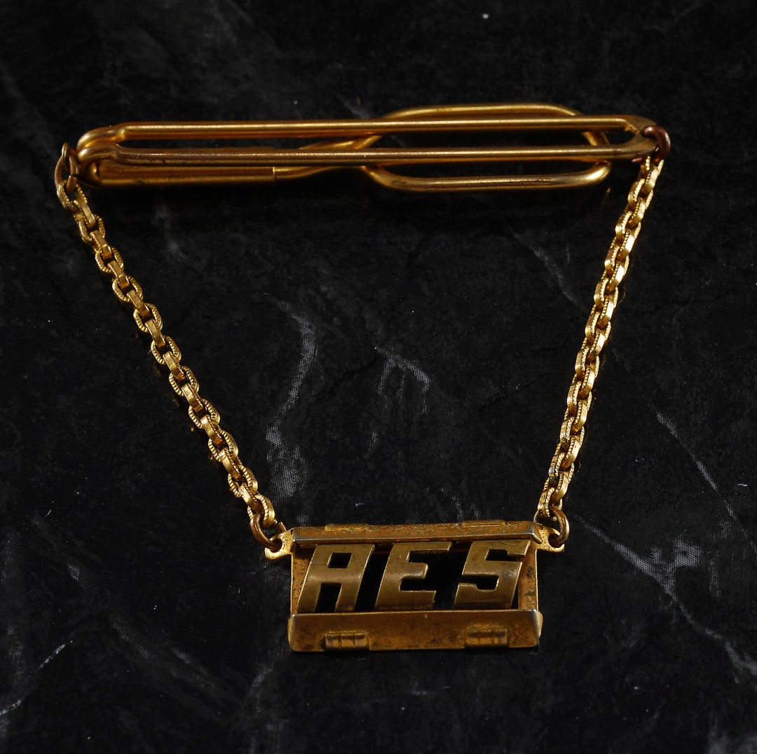 Vintage Swank Tie Clip Initials "aes" on Chain Gold Plated Brass ...