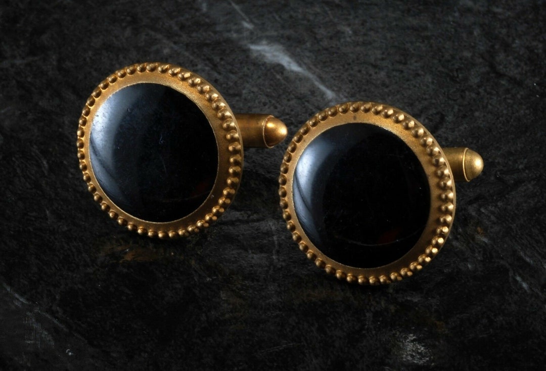 Vintage Antique Dull Gold Plated Metal Black Gem Men's Round Cuff Links ...