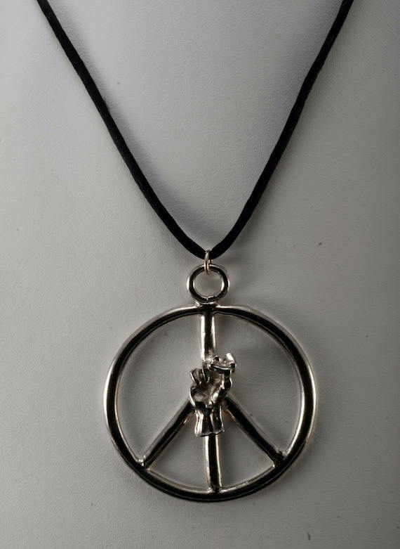 Vintage Fist Pump Power Peace Sign Necklace Silver Pl… - Gem